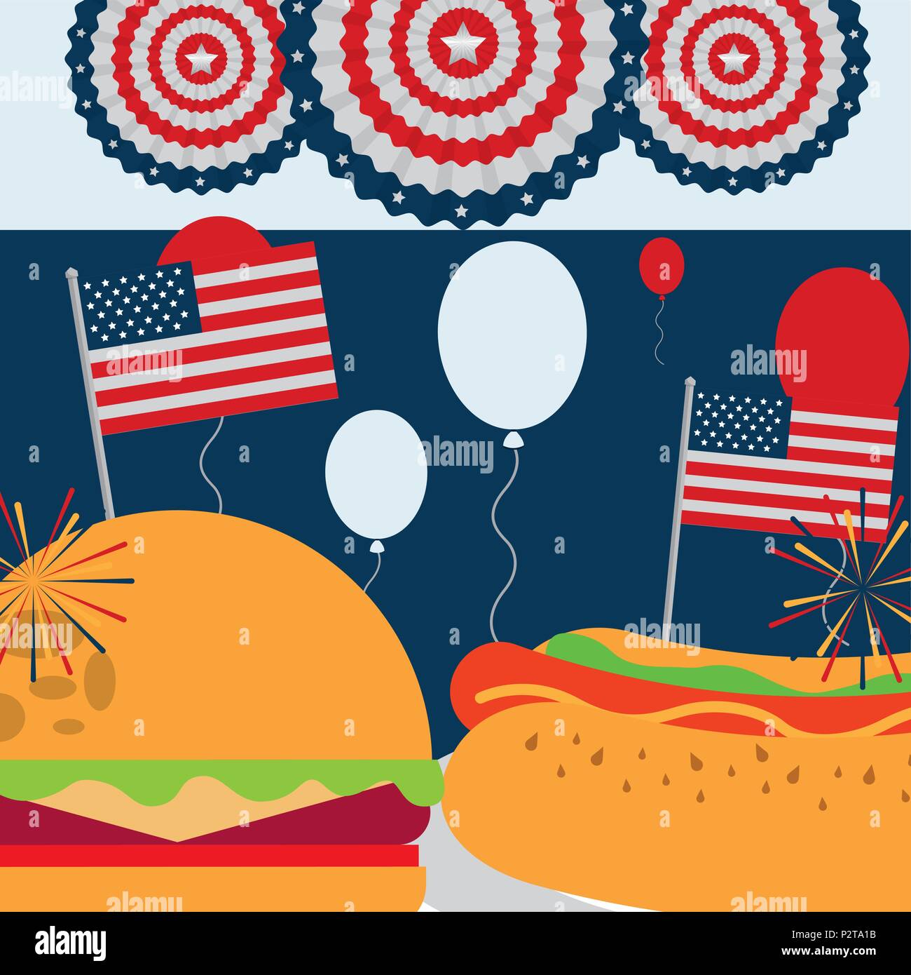 food american independence day balloons pennants hamburger hotdog ...