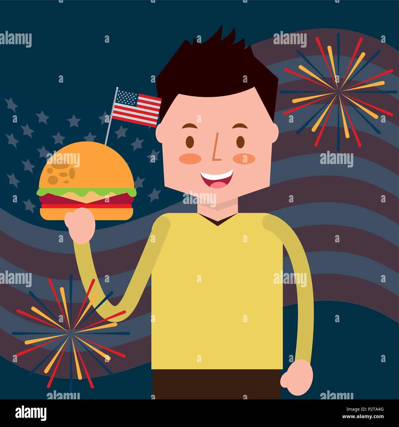 man holding burger fireworks flag american independence day vector ...