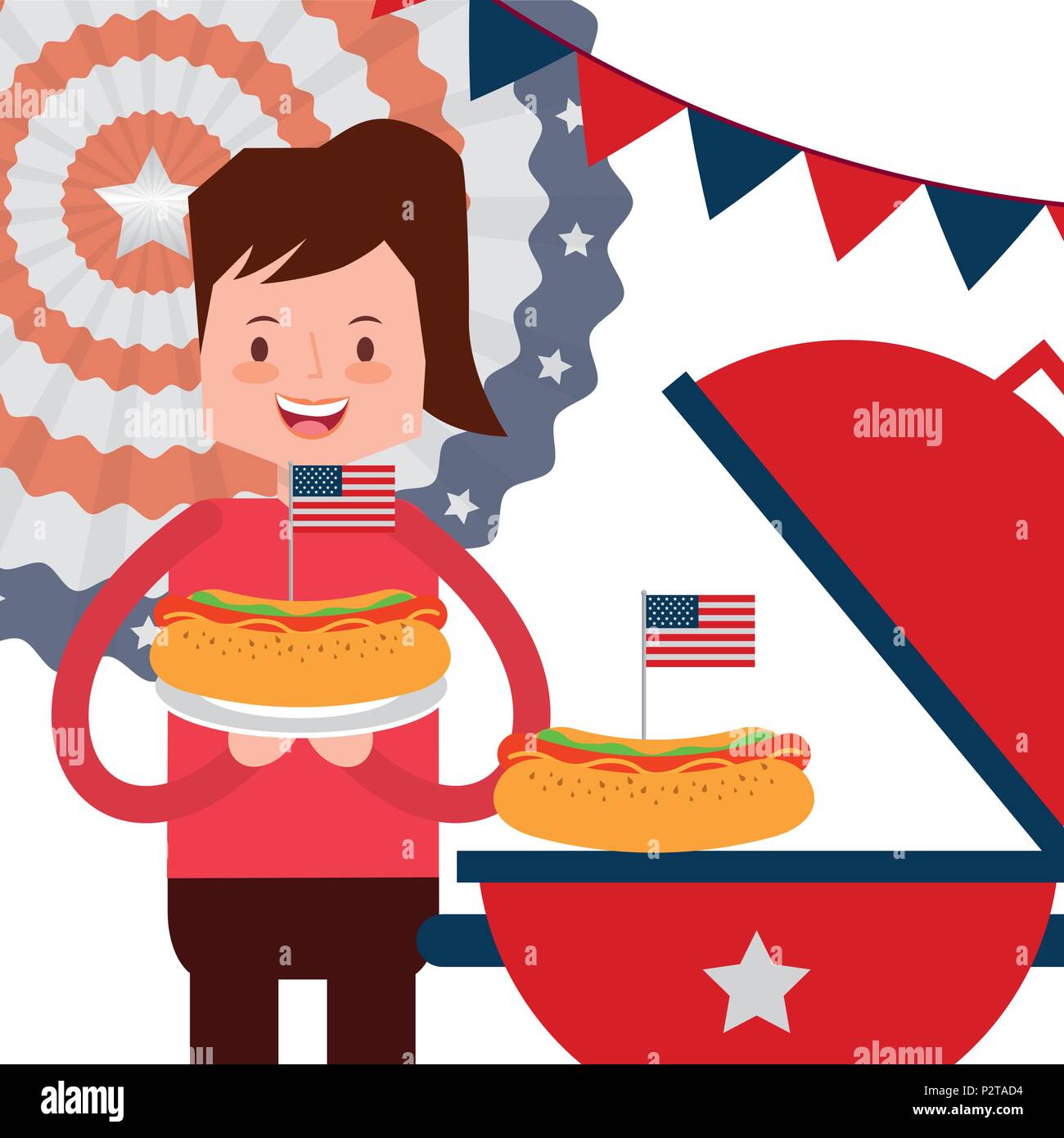 woman with grill and hot dogs flag american independence day vector ...