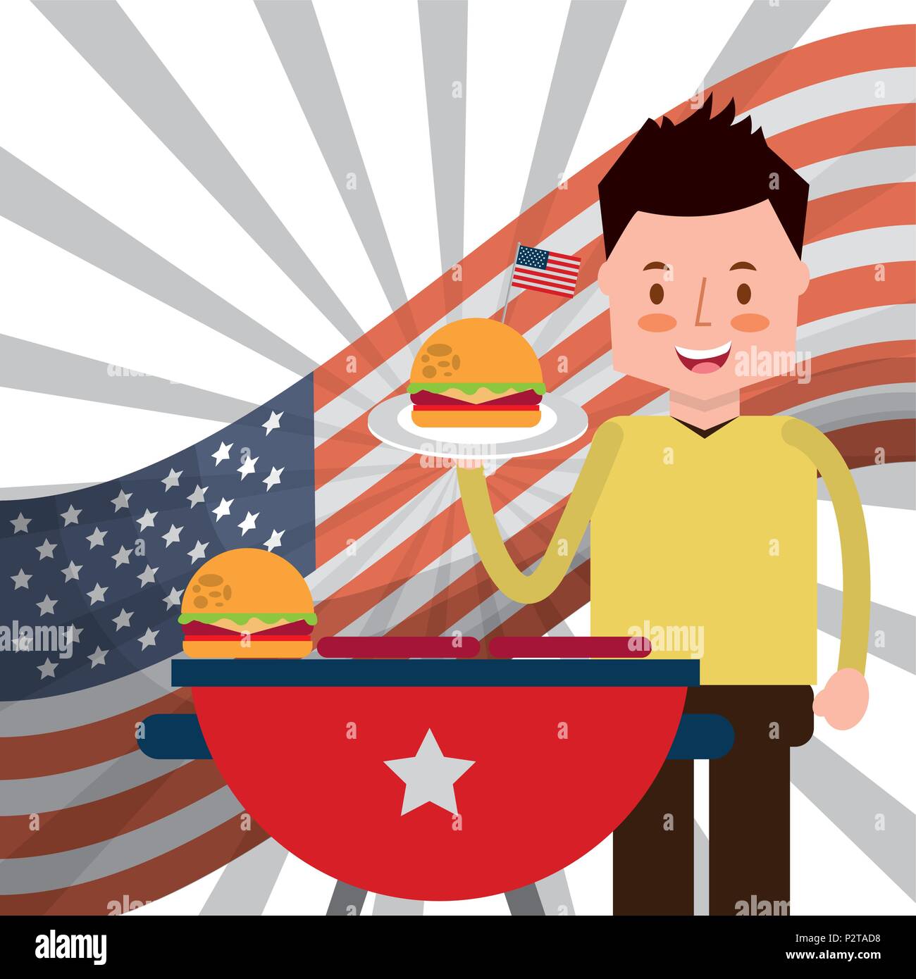 man roasted burger and flag american independence day vector ...