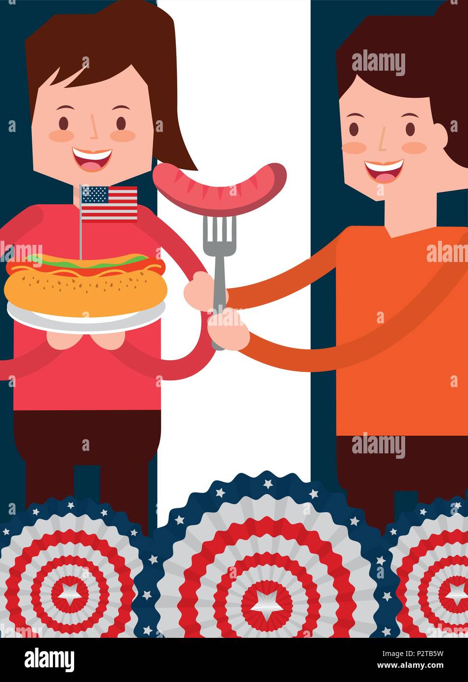 women with sausage and hotdog food in american independence day vector ...
