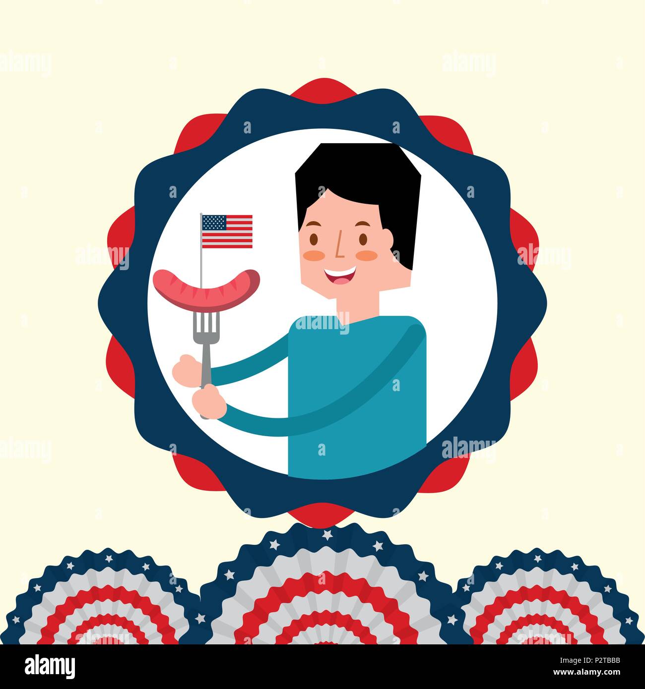man with sausage in fork flag american independence label decoration ...