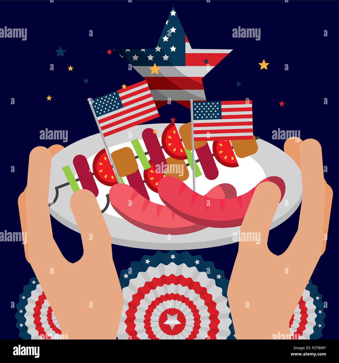 food american independence day hands holding dish with kebabs sausages ...
