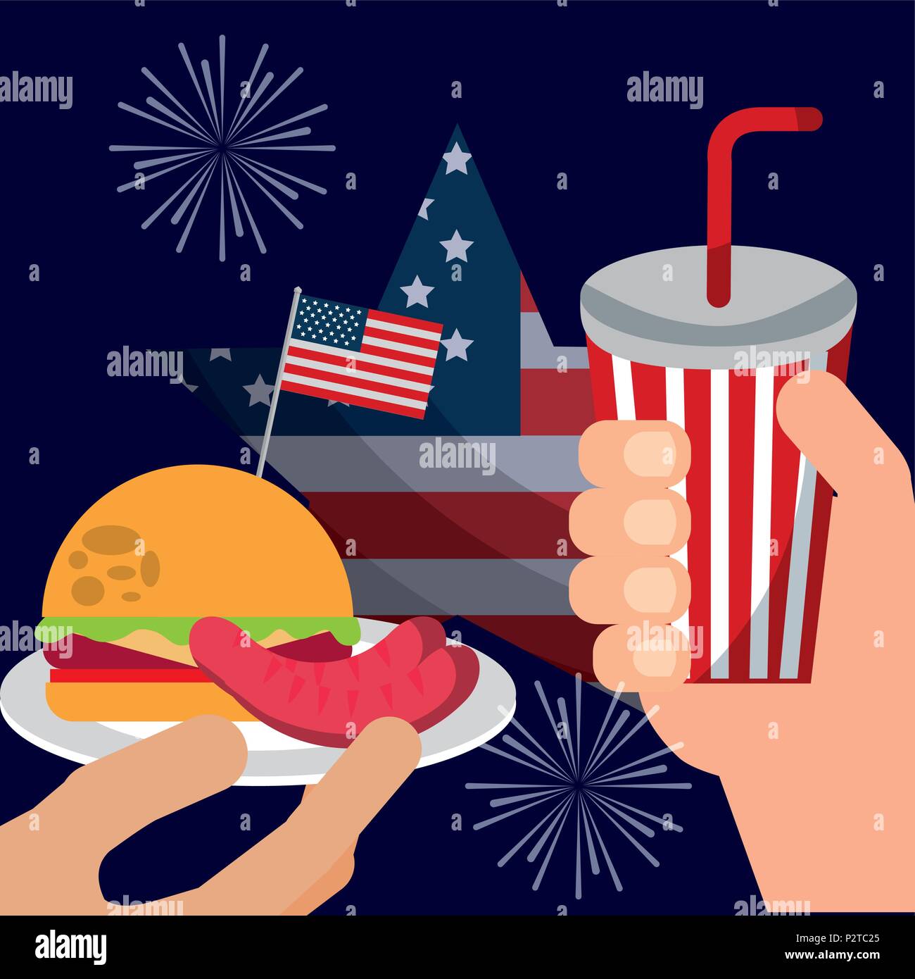 food american independence day hands holding soda dish with hamburger ...