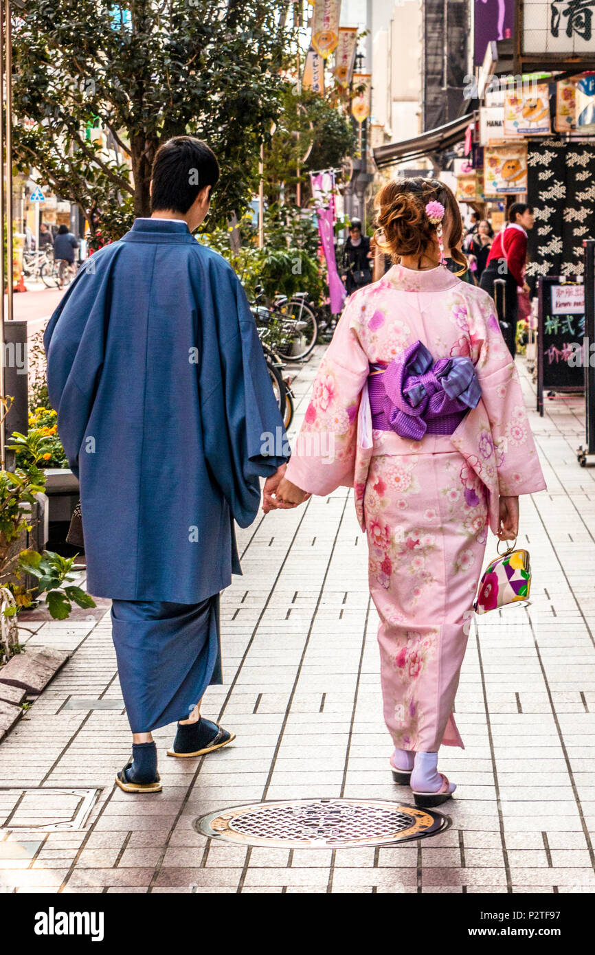 Japanese walking round in traditional kimono walking around area of ...