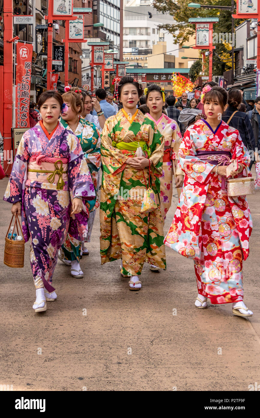 Japanese walking round in traditional kimono walking around area of ...