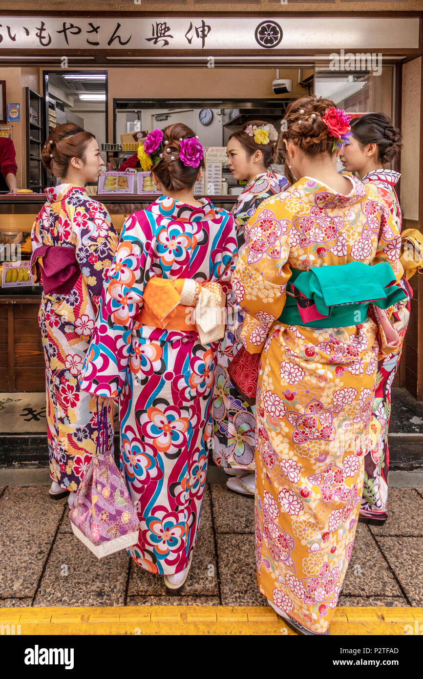 Japanese walking round in traditional kimono walking around area of ...