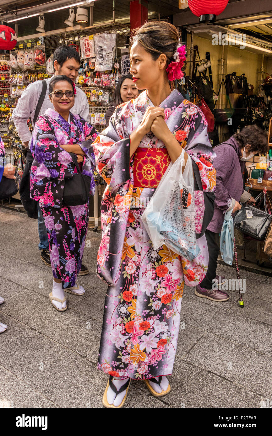 Japanese walking round in traditional kimono walking around area of ...