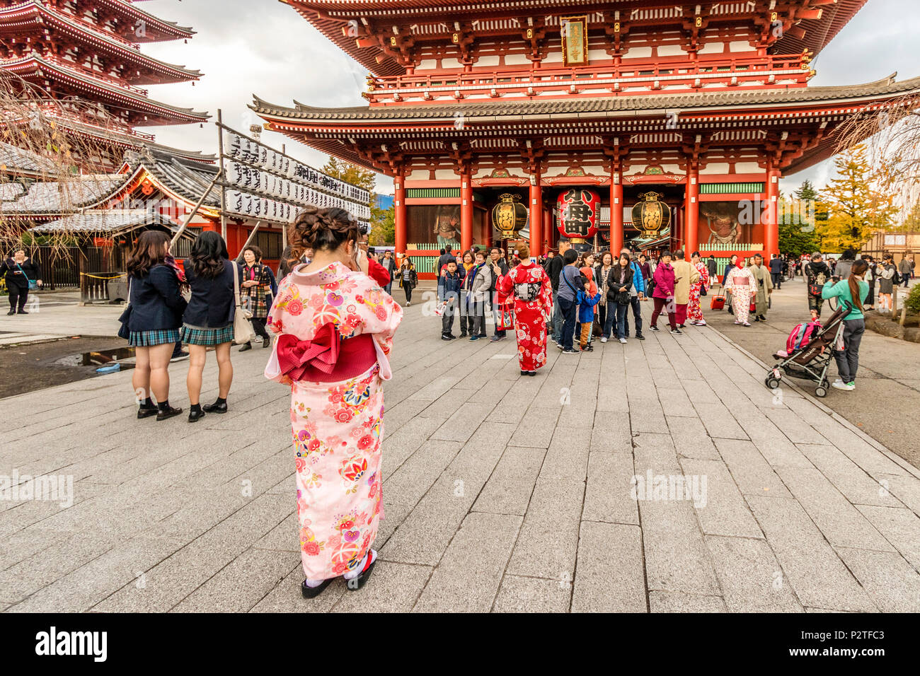 Japanese walking round in traditional kimono walking around area of ...