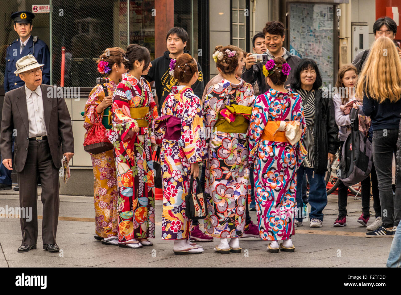 Japanese walking round in traditional kimono walking around area of ...
