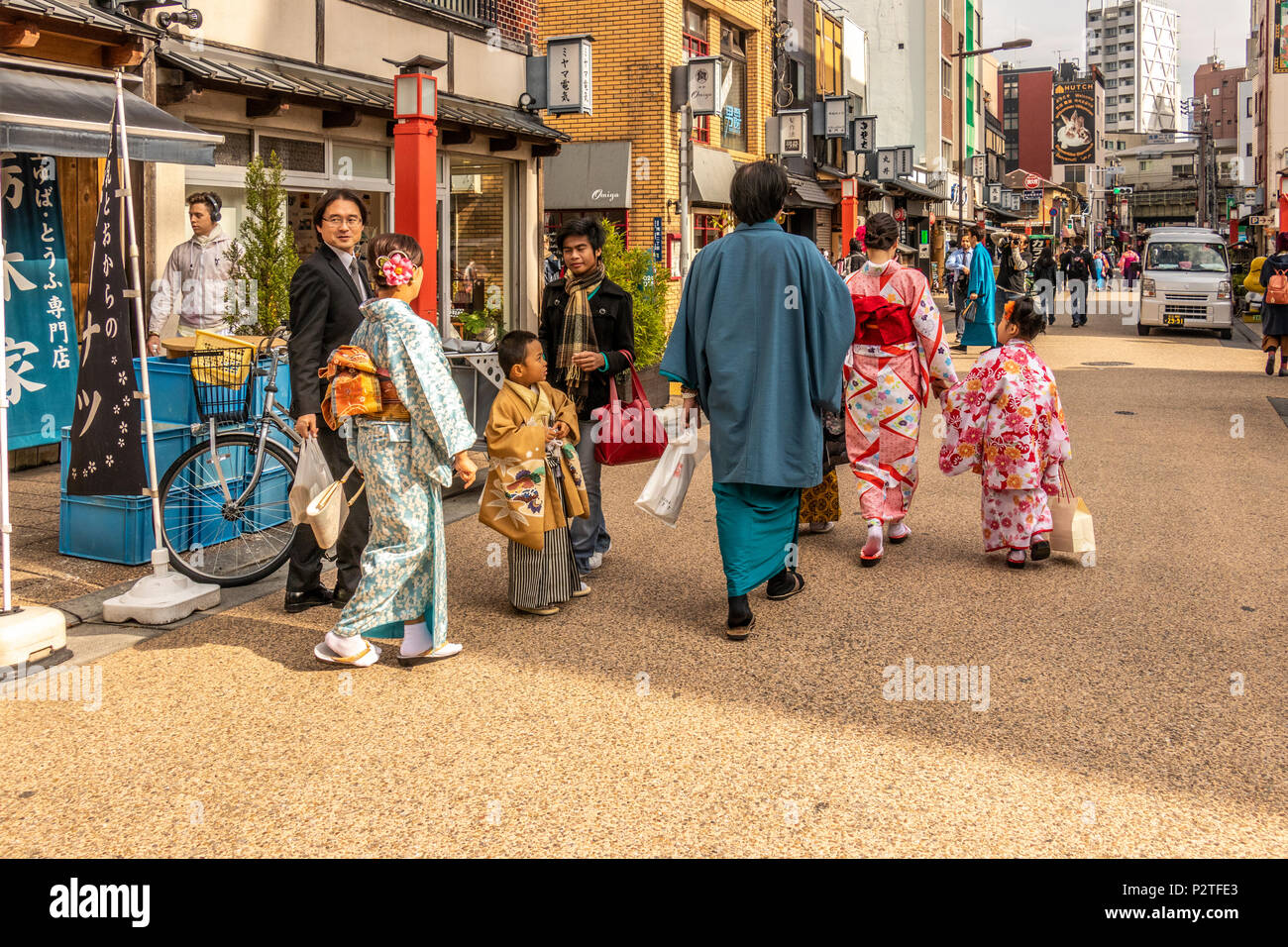 Japanese walking round in traditional kimono walking around area of ...