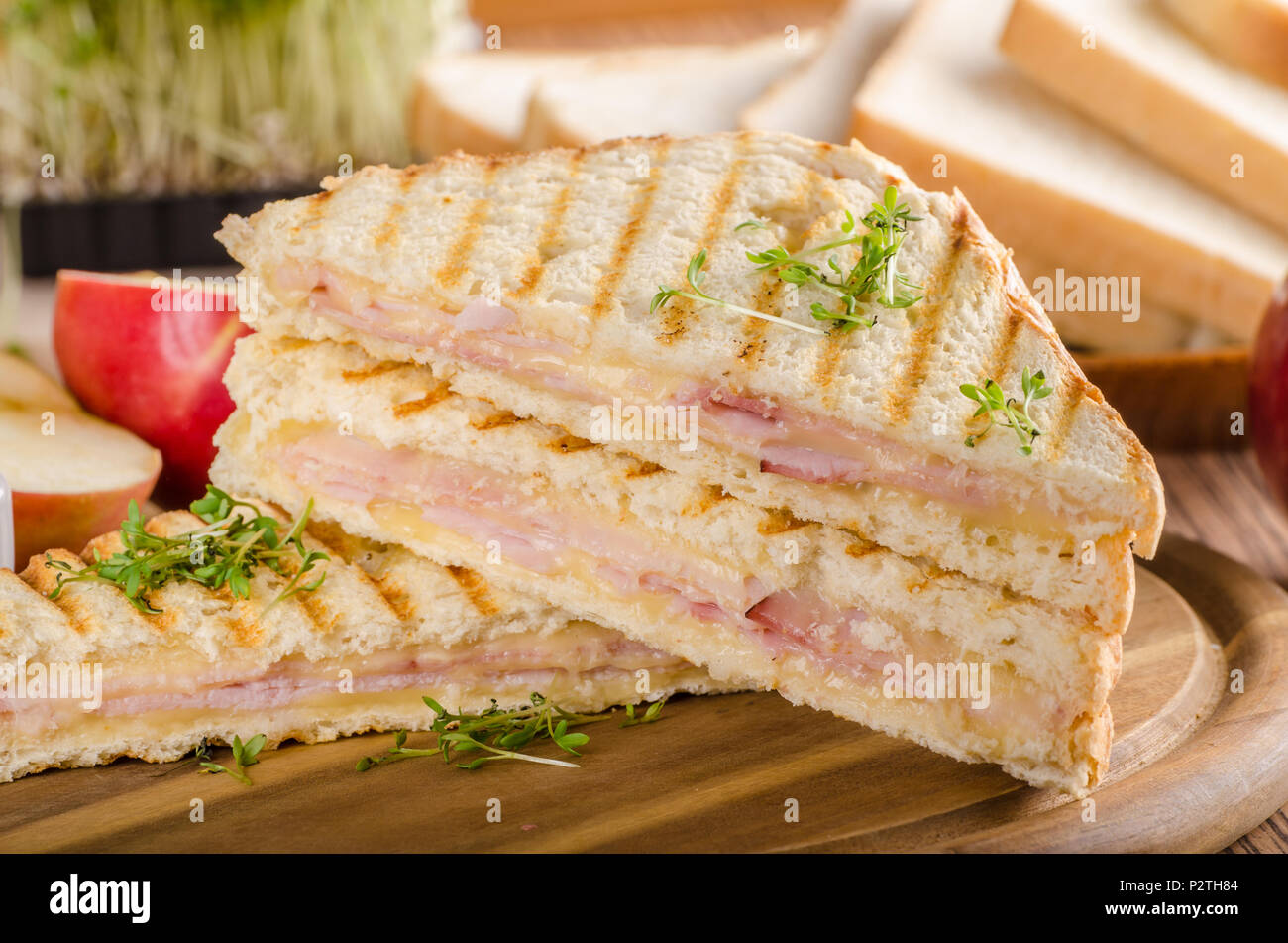 Panini cheese ham toast, fresh apple, back to shool sandwich, food ...
