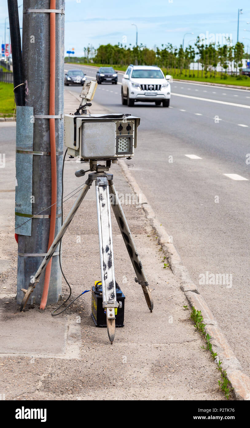 Kazan, Russia - June 12, 2018: Traffic enforcement camera and vehicles ...
