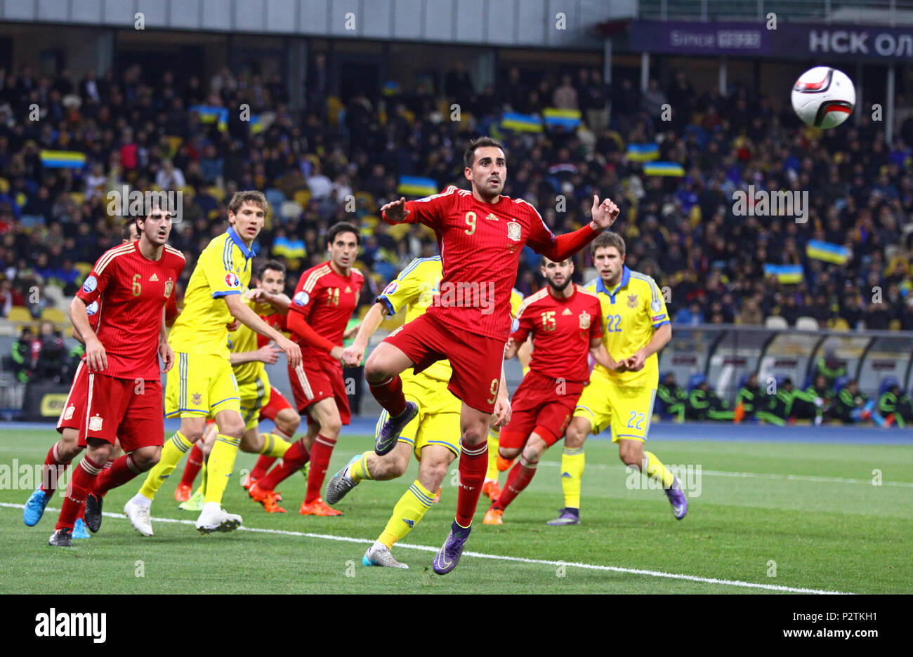 KYIV, UKRAINE - OCTOBER 12, 2015: Ukrainian (in yellow) and Spanish ...
