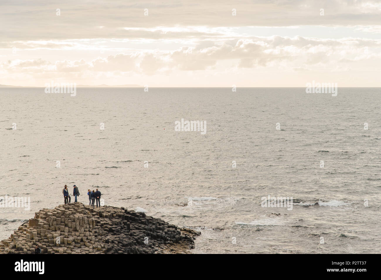 People standing on the rocks next to the ocean at Giant's Causeway in ...