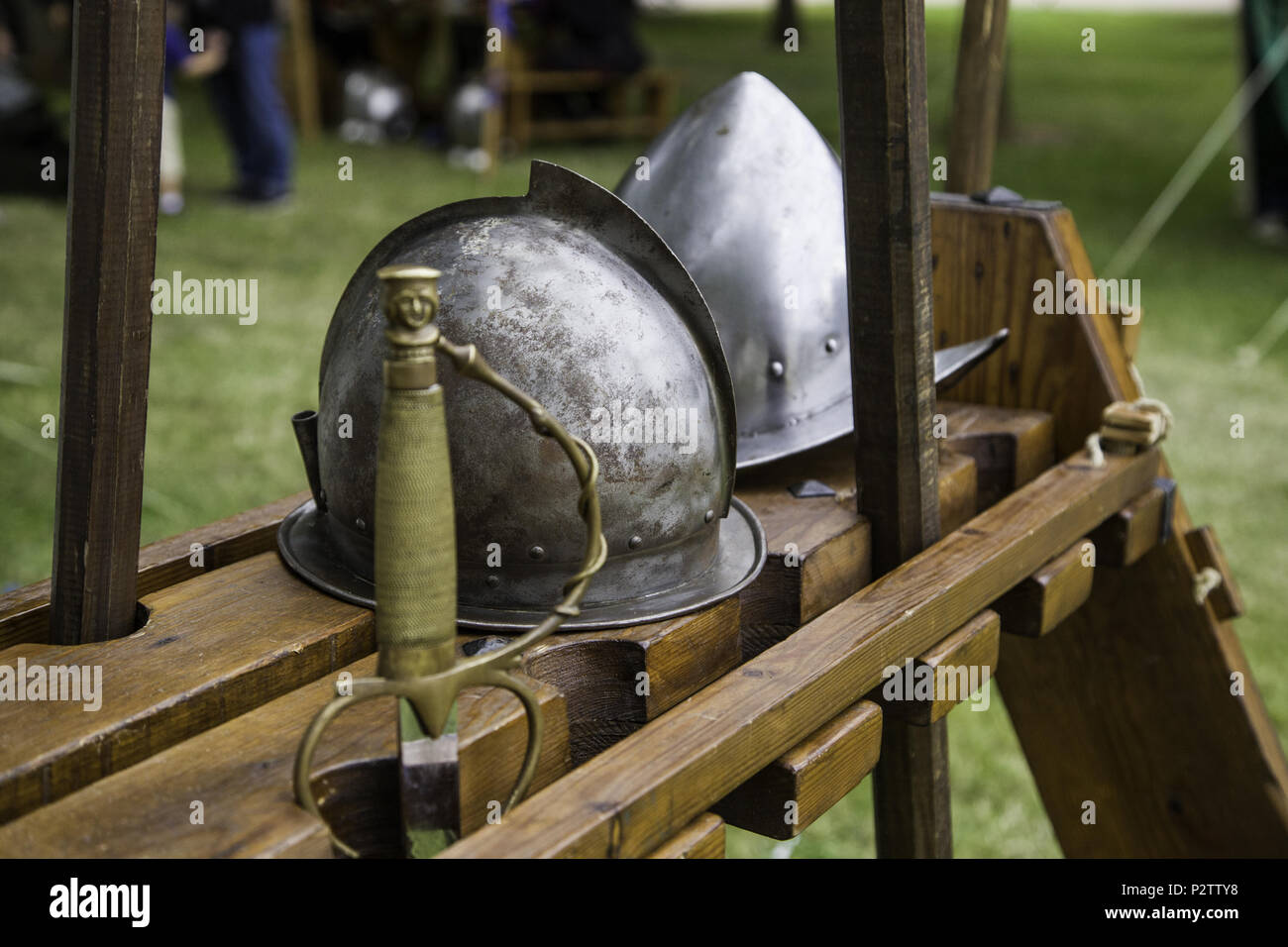 Ancient medieval helmets, detail of history and protection Stock Photo ...
