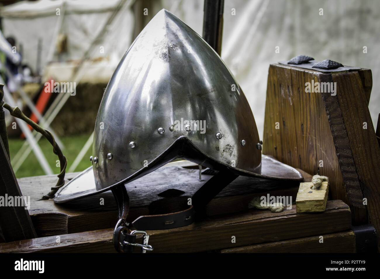 Ancient medieval helmets, detail of history and protection Stock Photo ...