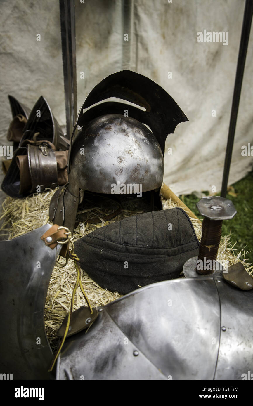 Ancient medieval helmets, detail of history and protection Stock Photo ...