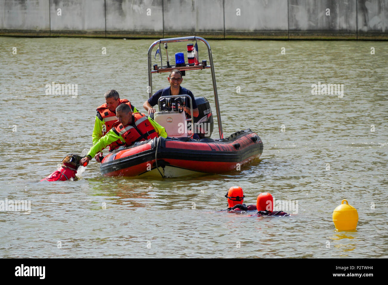 Firefighters divers attend Rescue to drowned people drill, Lyon, france ...