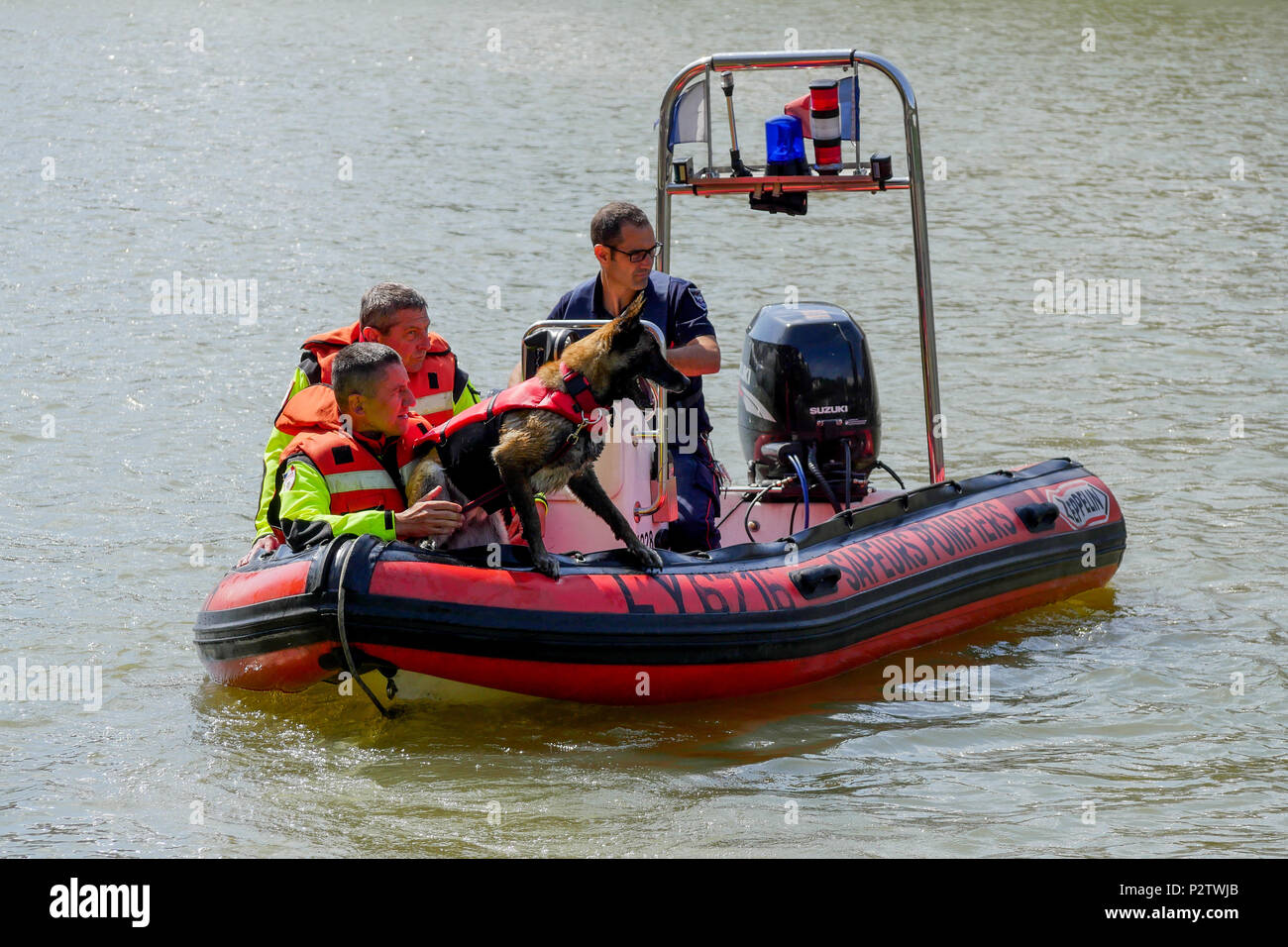 Firefighters divers attend Rescue to drowned people drill, Lyon, France ...