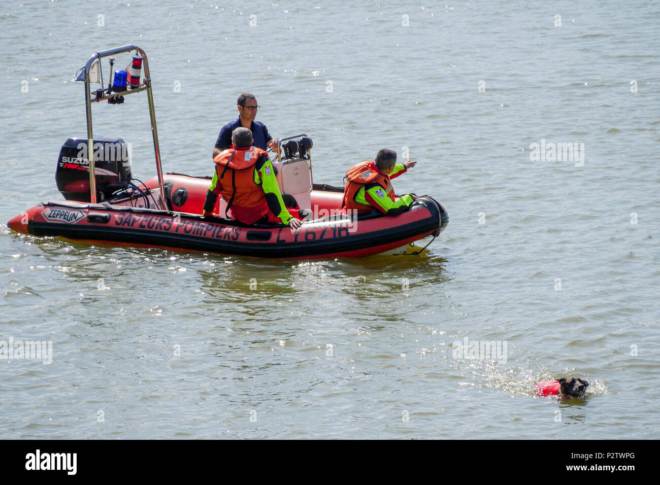 Firefighters divers attend Rescue to drowned people drill, Lyon, France ...