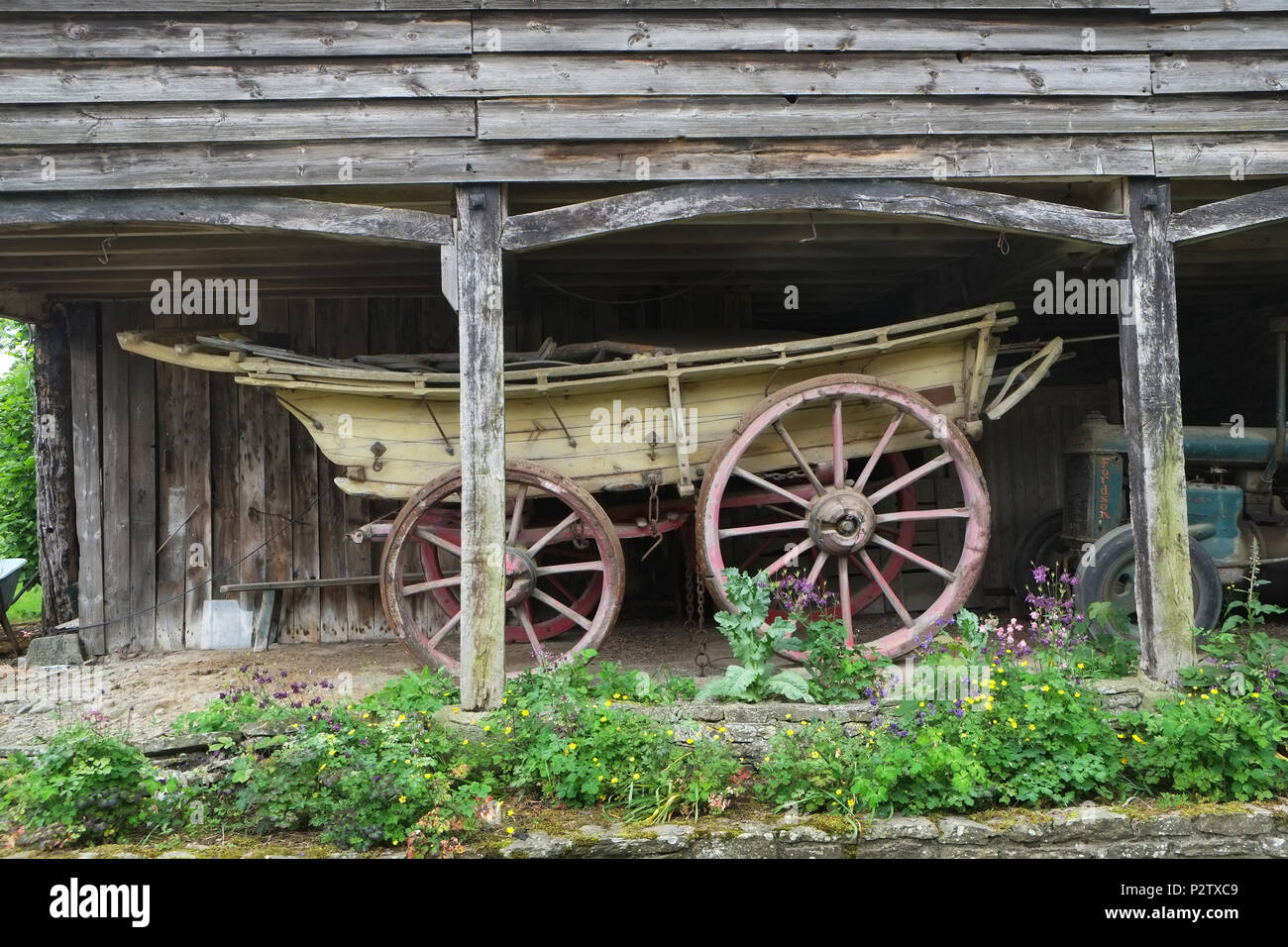 Wooden farm cart, Lower House Farm Huntington, Herefordshire, England ...