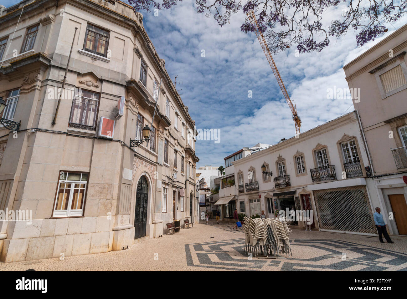 Tourist downtown area of Faro city with coffee shops, restaurants and ...