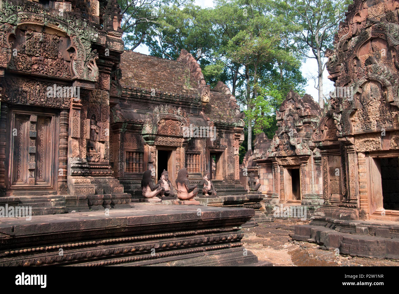 Angkor Cambodia, Monkey and lion guardians sitting at entrances of the ...