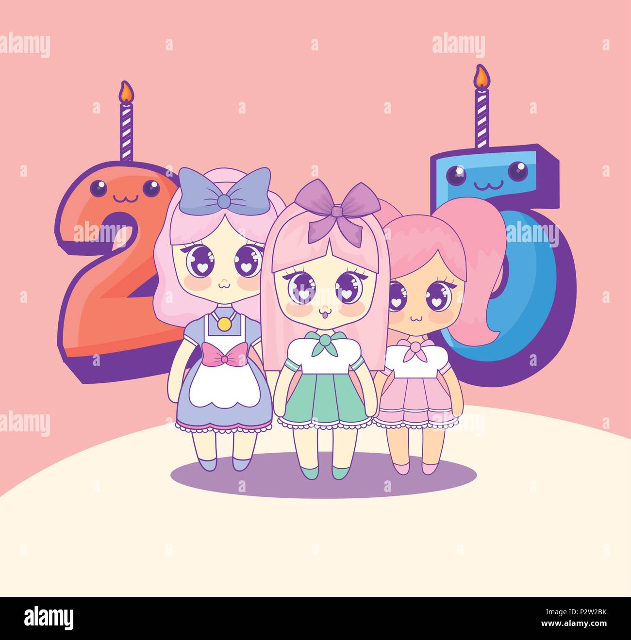 group of cute kawaii girls with numbers candles vector illustration ...