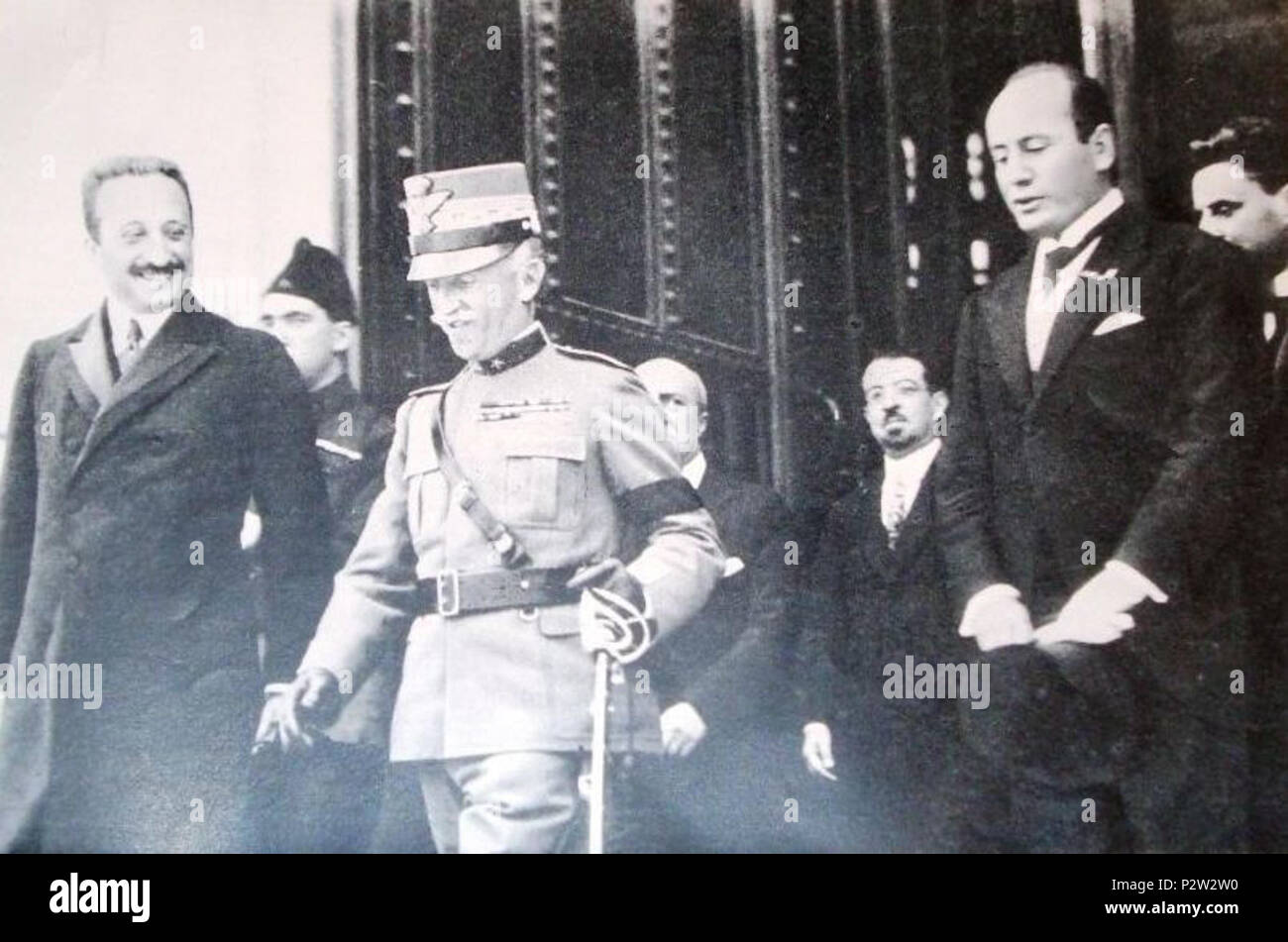 . English: Enrico De Nicola, the king of Italy and Benito Mussolini ...