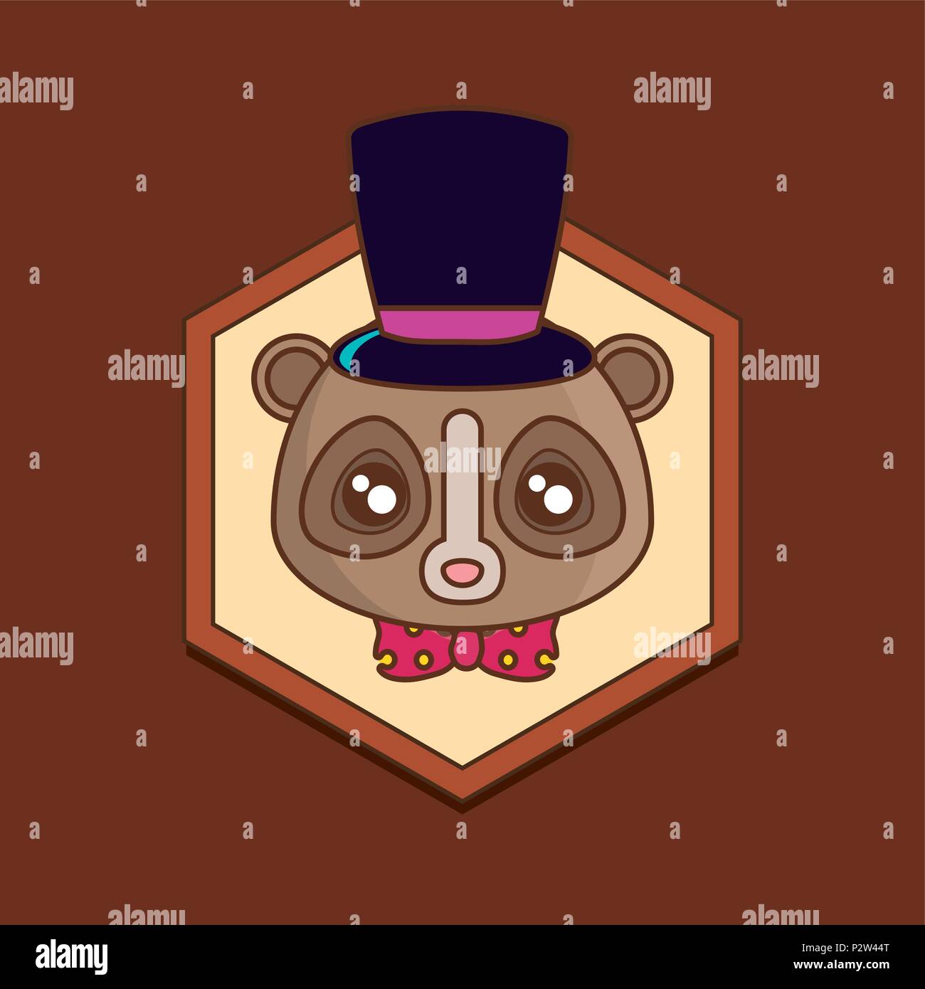 decorative frame with cute spectacled bear with top hat over brown ...