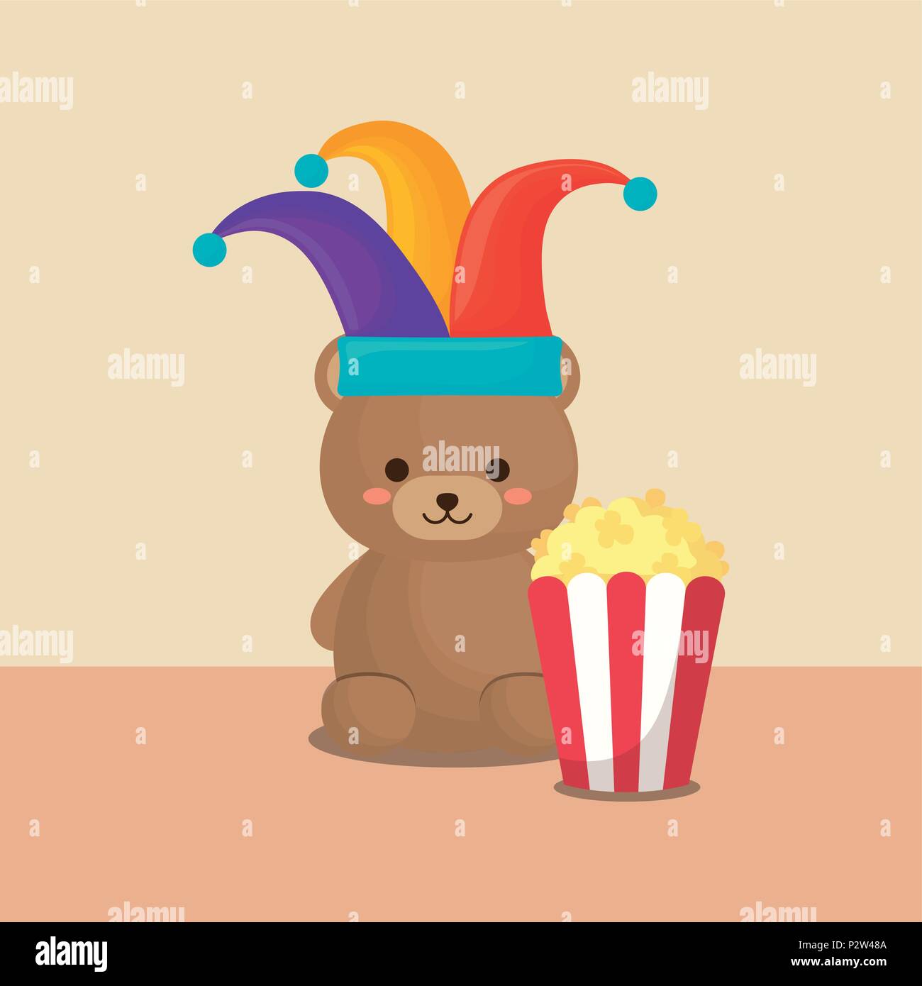 cute bear with jester hat and pop corn over orange background, colorful ...