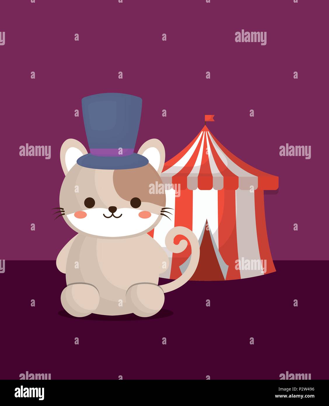 circus tent and cute cat with top hat over purple background, colorful ...