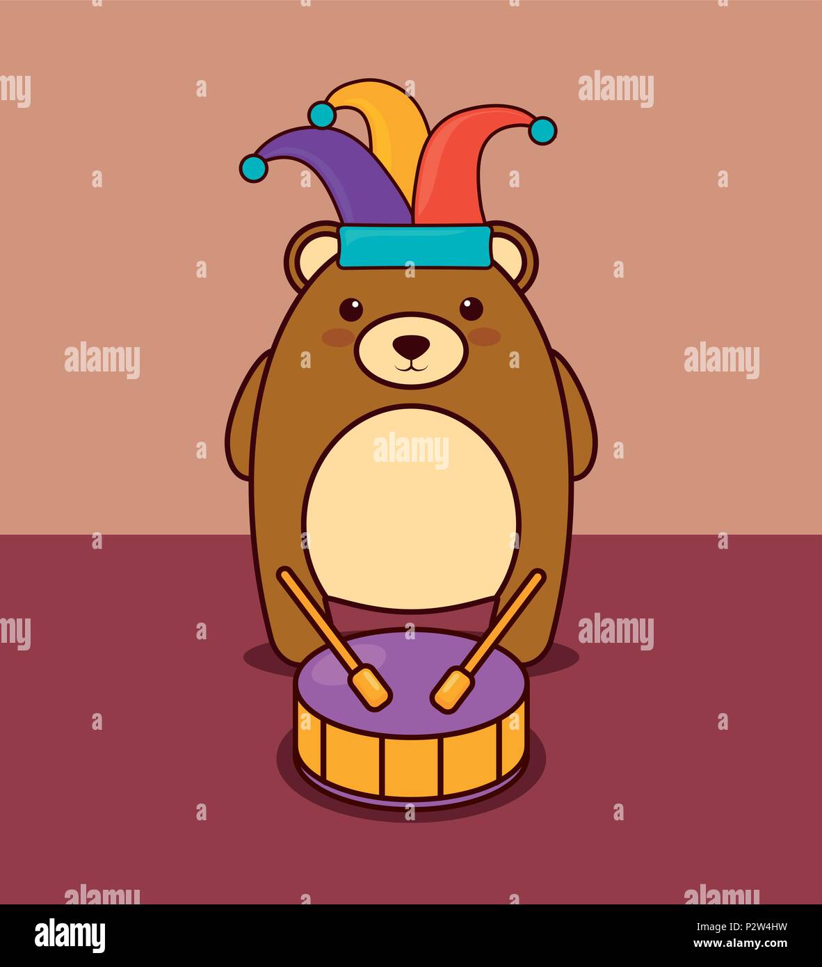 cute bear with jester hat and drum over brown background, colorful ...