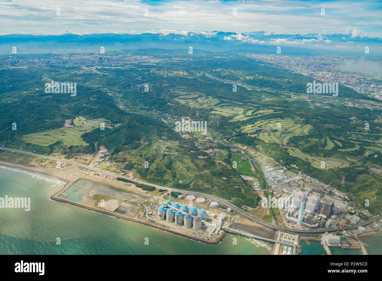 Aerial view of the beautiful Taipei City, from an airplane window seat ...