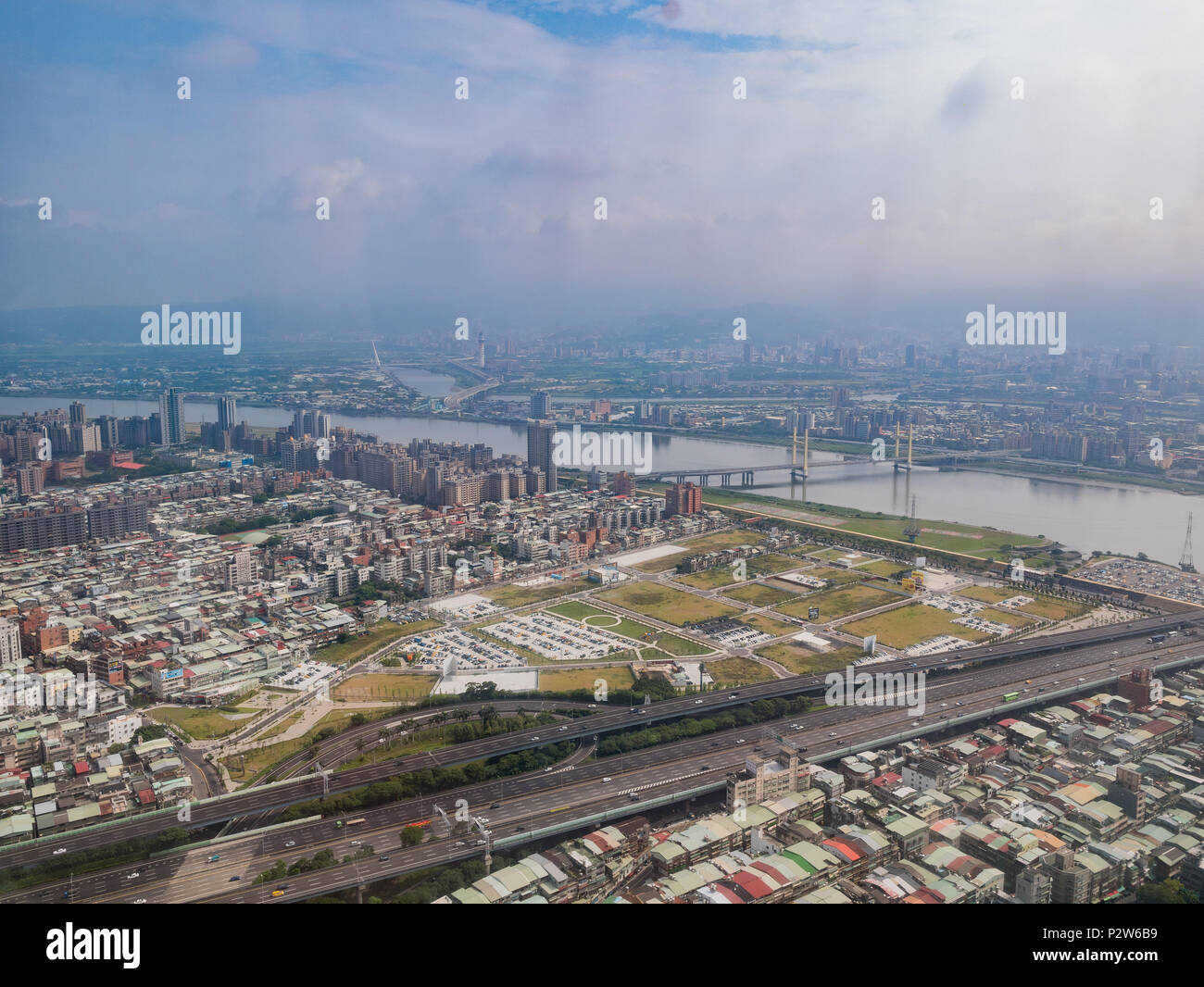 Aerial view of the beautiful Taipei City, from an airplane window seat ...