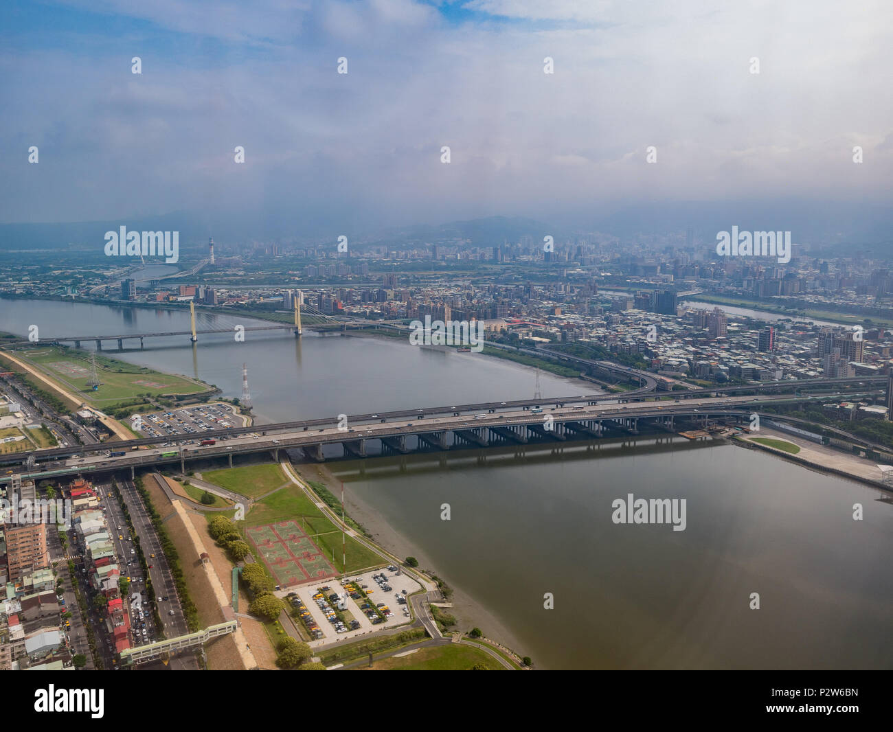 Aerial view of the beautiful Taipei City, from an airplane window seat ...