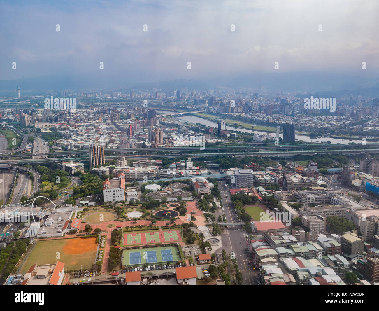 Aerial view of the beautiful Taipei City, from an airplane window seat ...