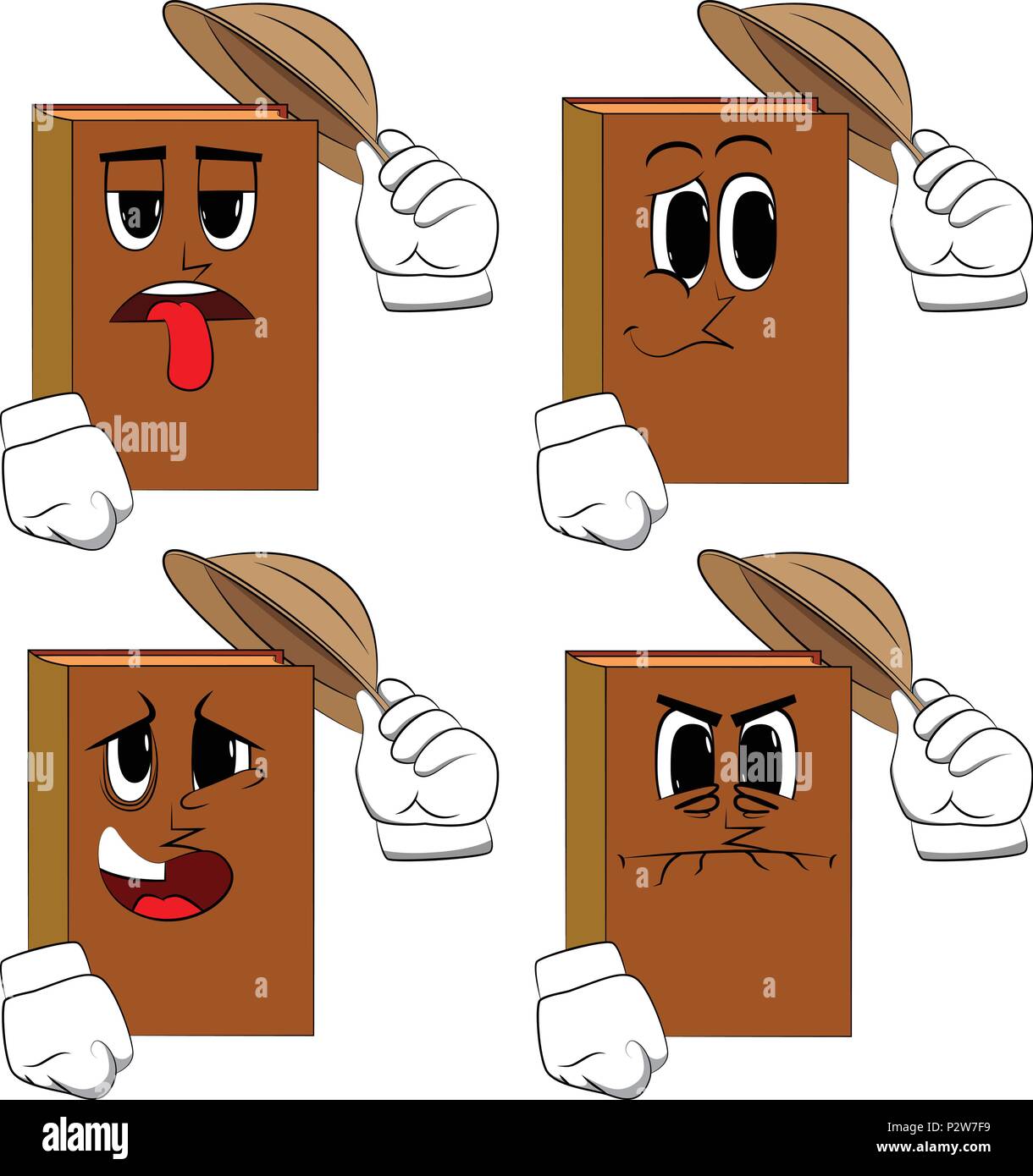 Books tipping his hat. Cartoon book collection with sad, bored and ...