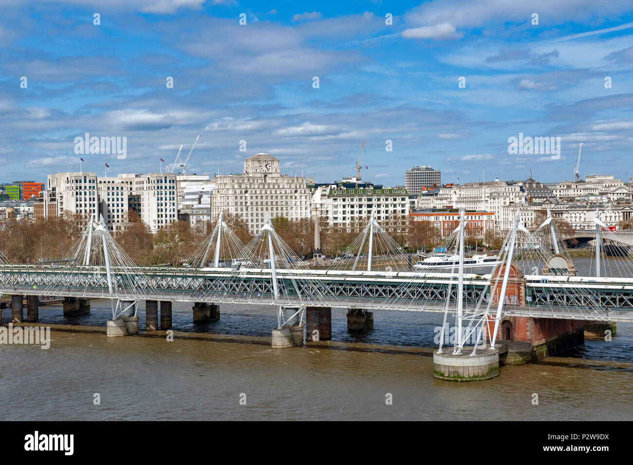 Aerial view of Hungerford Bridge, and Golden Jubilee Bridges, two cable ...
