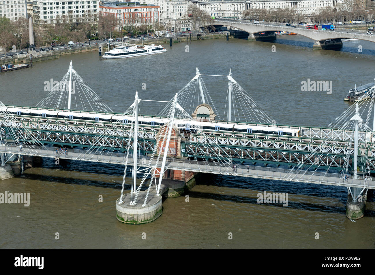 Aerial view of Hungerford Bridge, and Golden Jubilee Bridges, two cable ...