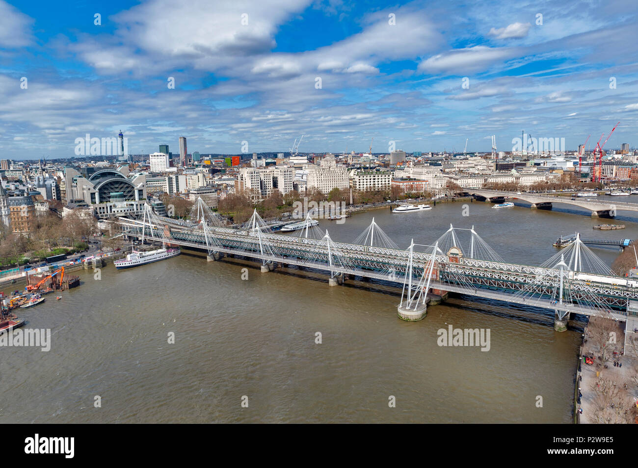 Aerial view of Hungerford Bridge, and Golden Jubilee Bridges, two cable ...