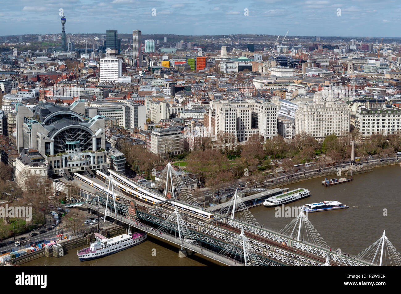 Aerial view of Hungerford Bridge, and Golden Jubilee Bridges, two cable ...