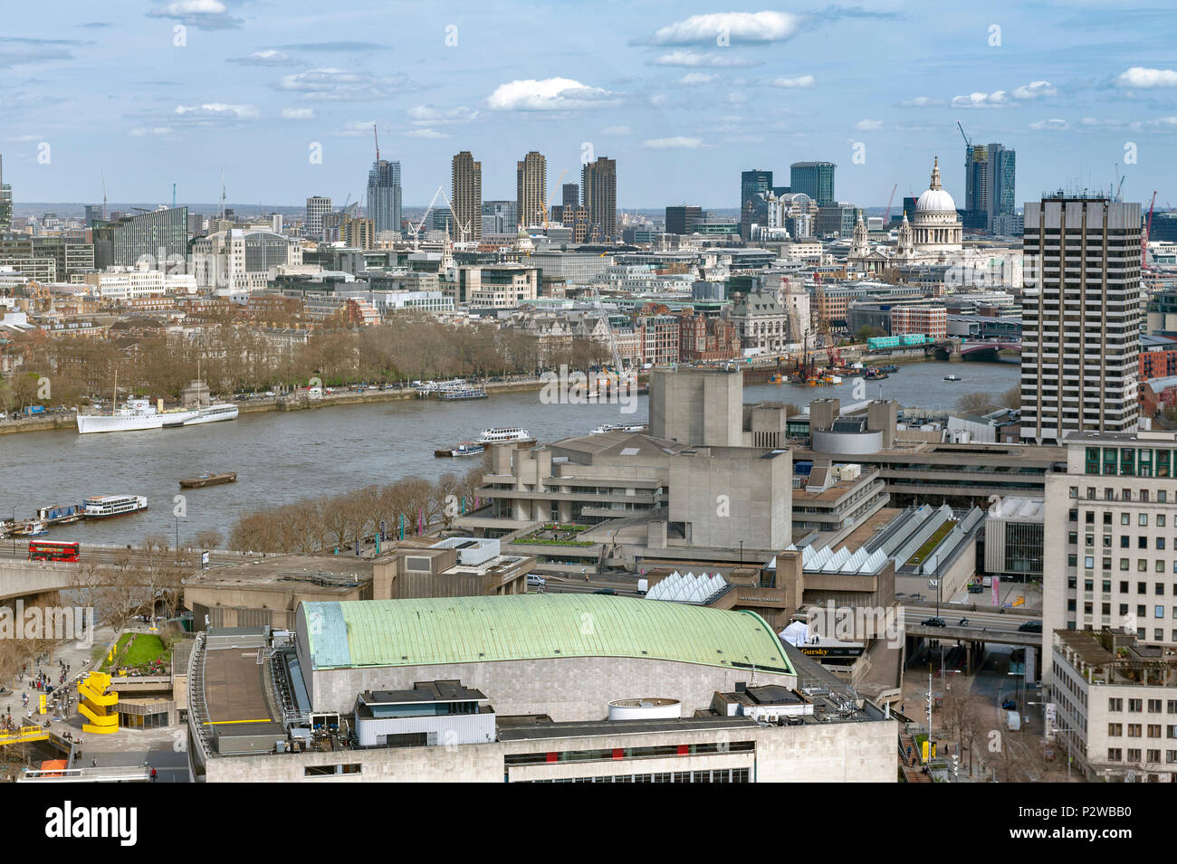 Aerial view of cityscape and skyline of London with the Thames, a major ...