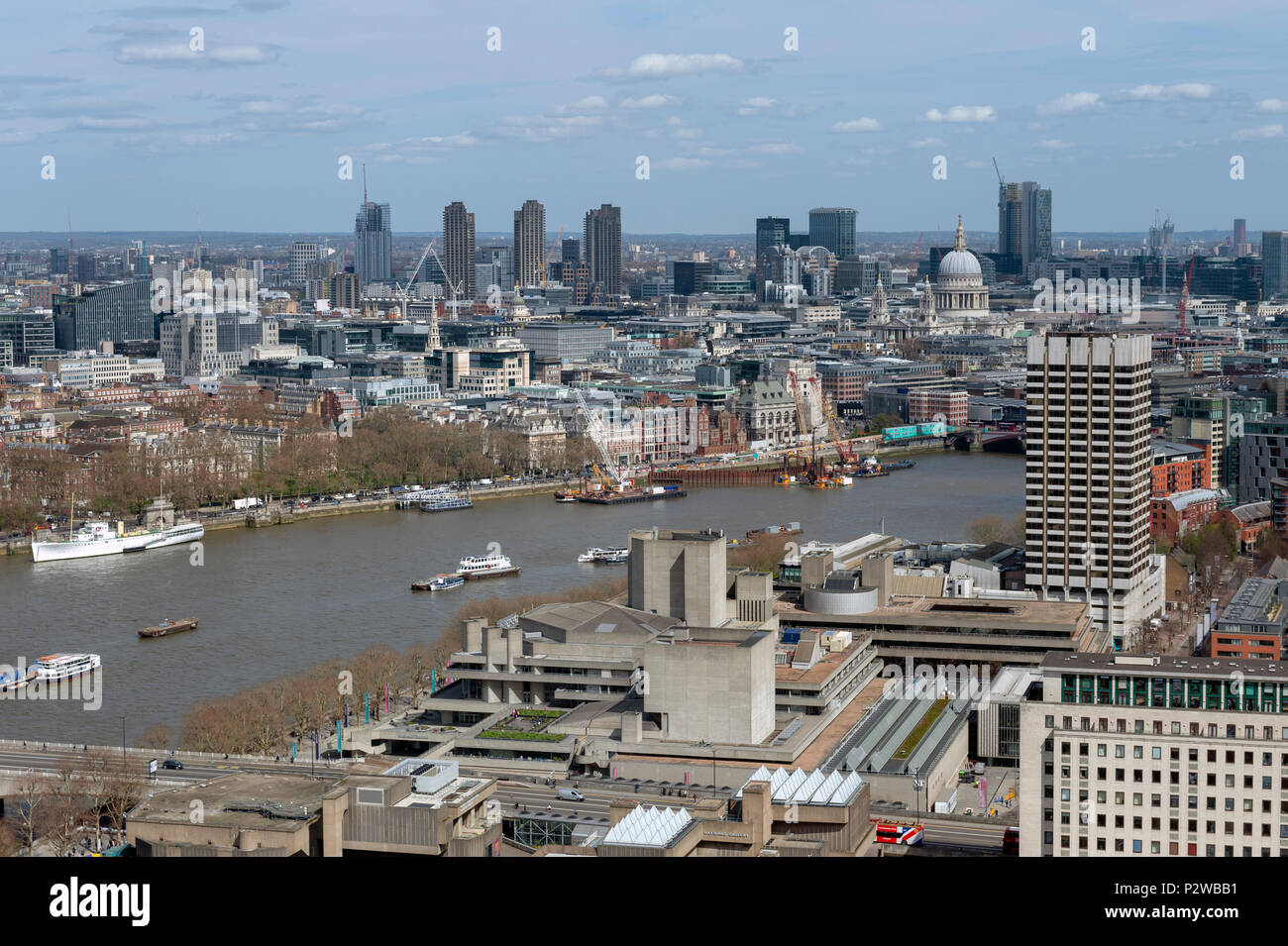 Aerial view of cityscape and skyline of London with the Thames, a major ...
