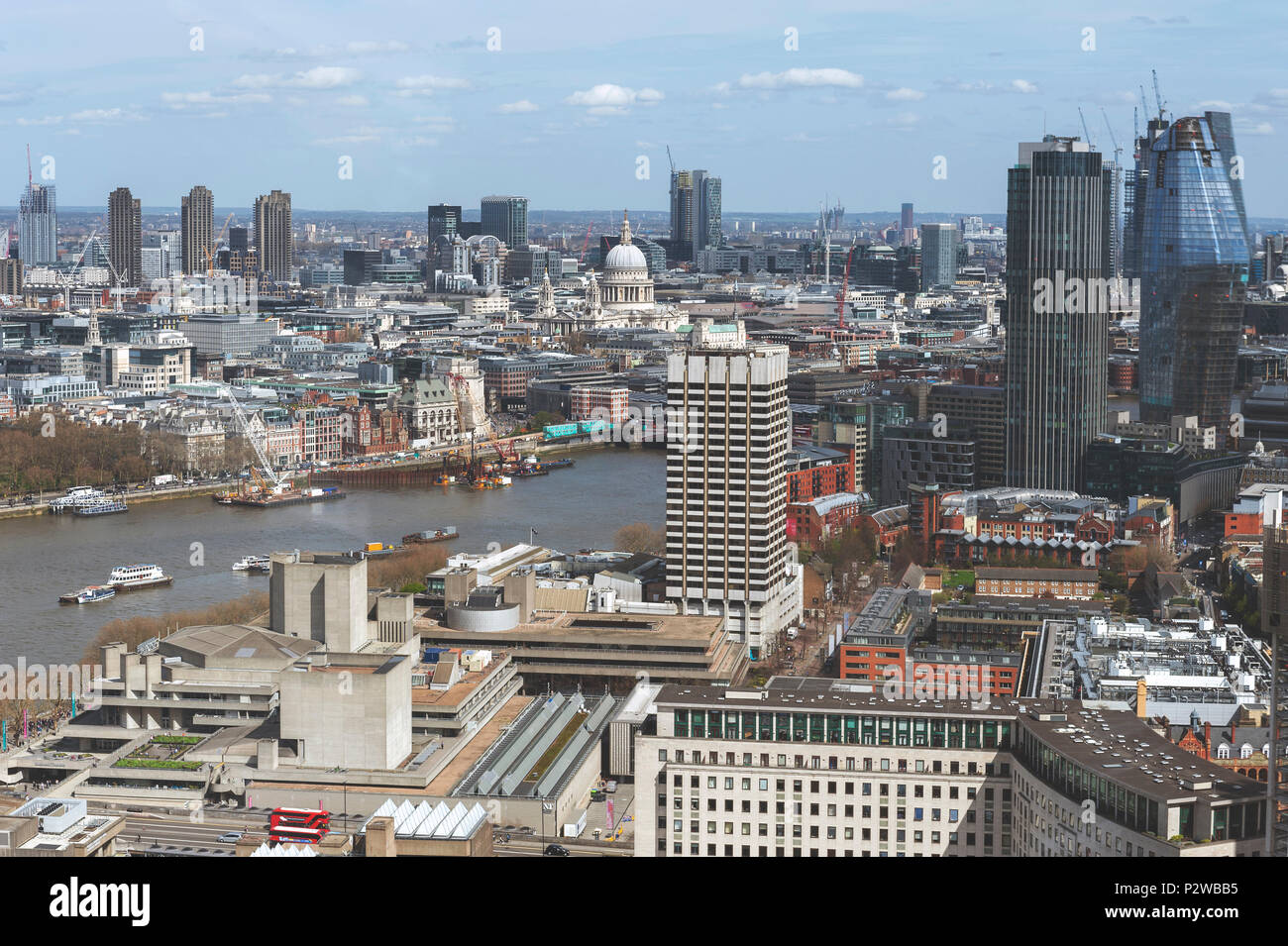 Aerial view of cityscape and skyline of London with the Thames, a major ...