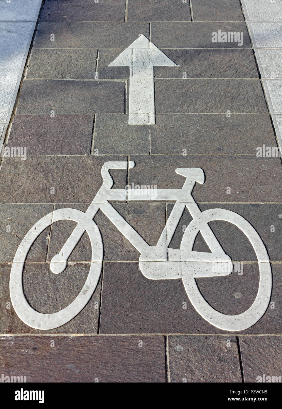 Urban bike lane made of porphyry tiles seen in perspective Stock Photo ...