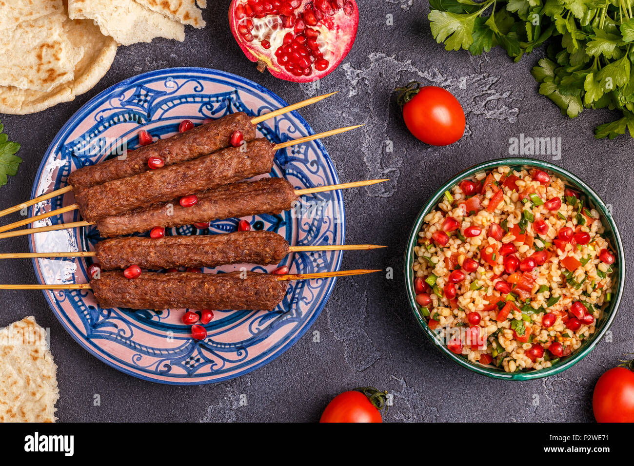 Classic kebabs with tabbouleh salad, traditional middle eastern or arab ...