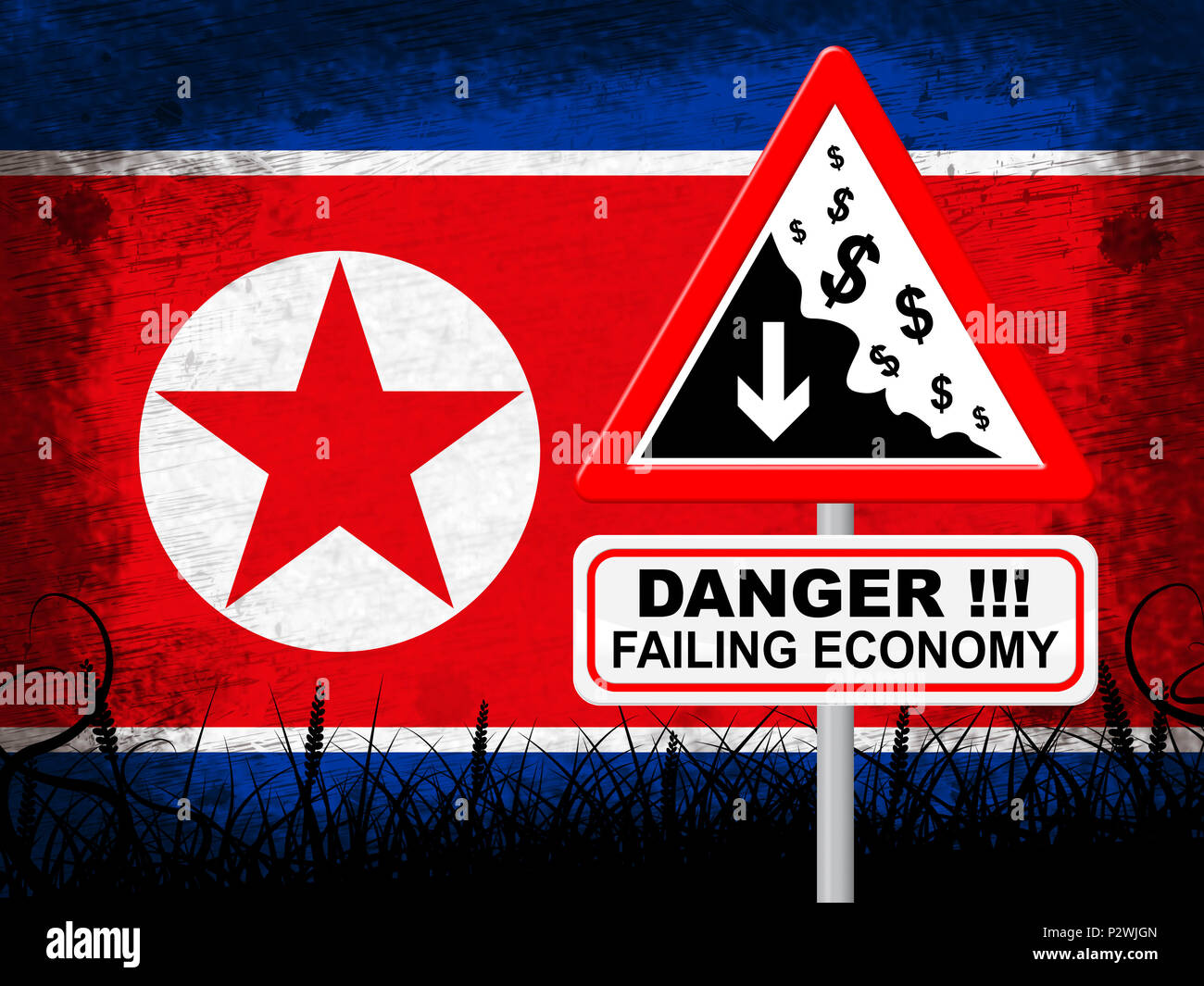 Danger North Korean Falling Economy 3d Illustration. Shows Pyongyang ...
