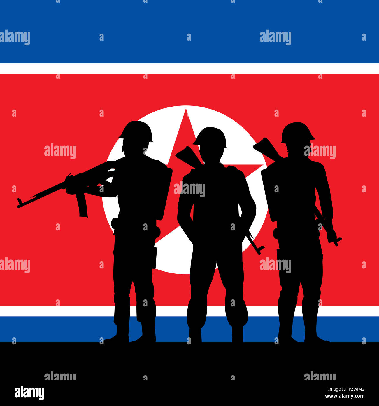 North Korean Soldiers And Flag 3d Illustration. DPRK Warfare Mission Or ...